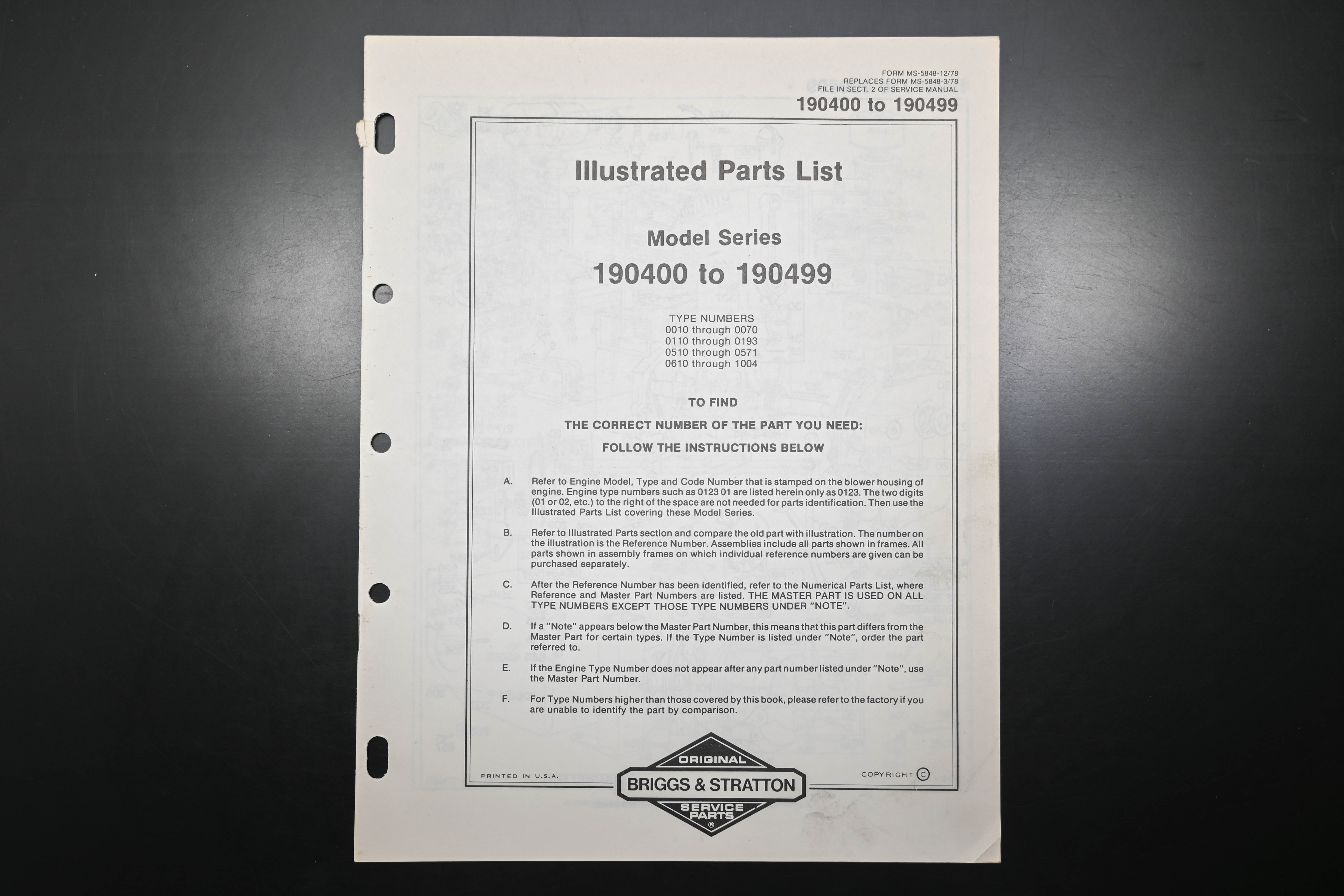 OEM Briggs & Stratton MS-5848-12/78 190400-190499 Parts List – In Stock ...