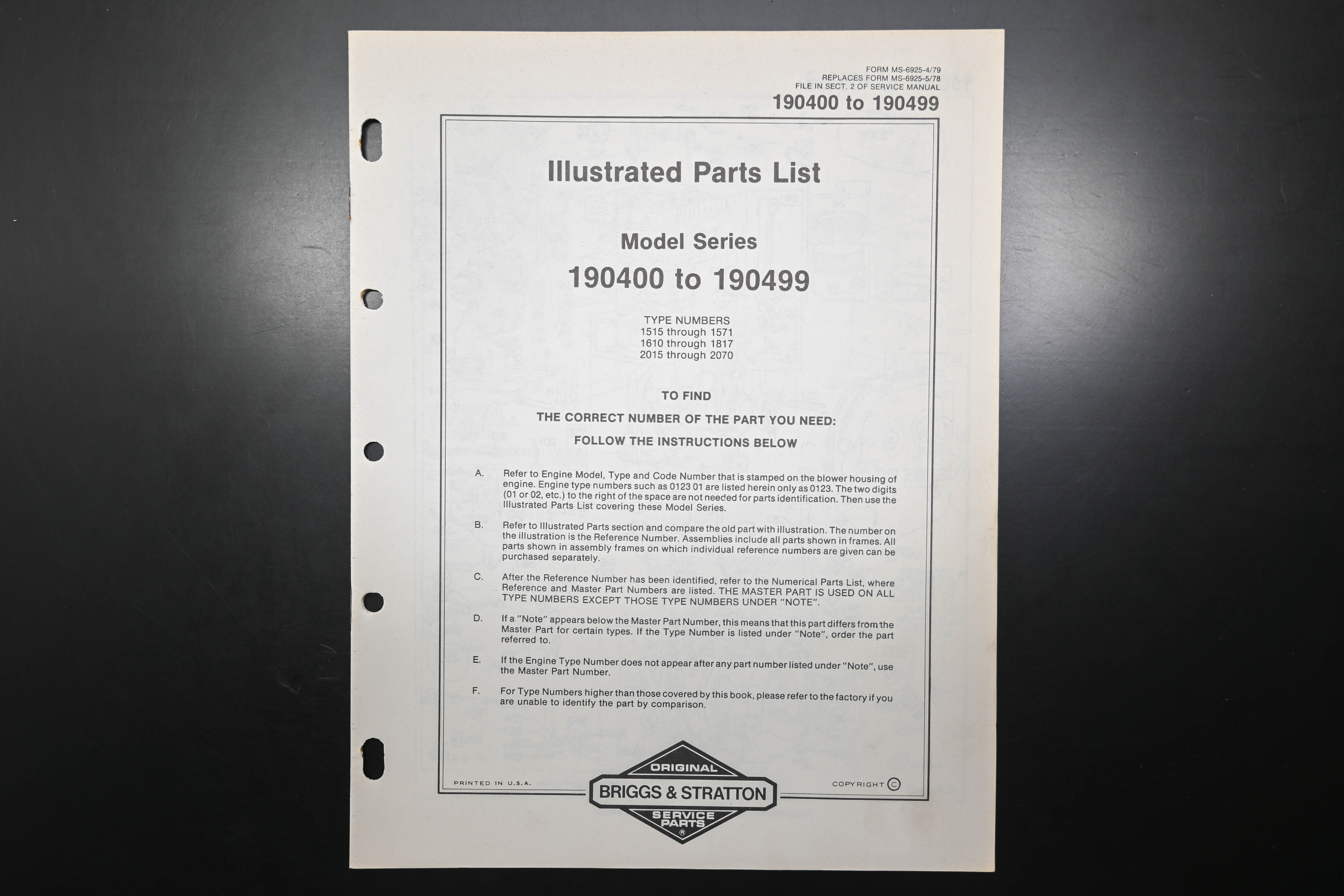OEM Briggs & Stratton MS-6925-4/79 190400-190499 Parts List – In Stock ...